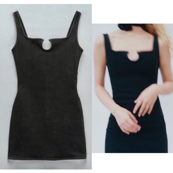 Zara | Dresses | Zara Nwot Cutout Square Neck Black Mini Denim Dress ...